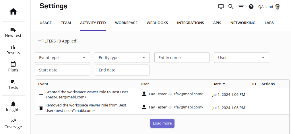 2024/07/03 - Workspace user role changes available in the activity feed – mabl help